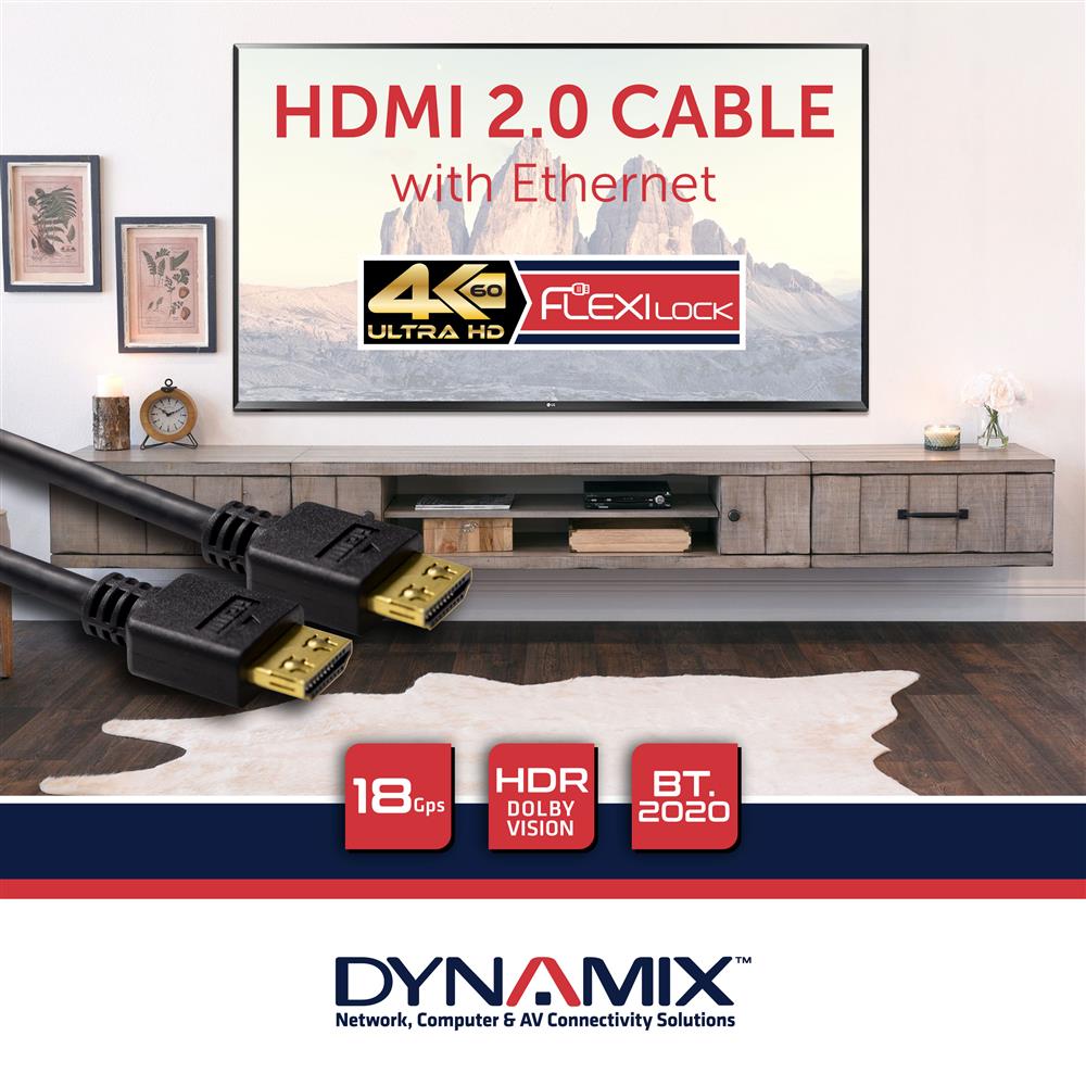 . DYNAMIX 2m HDMI High Speed 18Gbps Flexi Lock Cable with Ethernet.