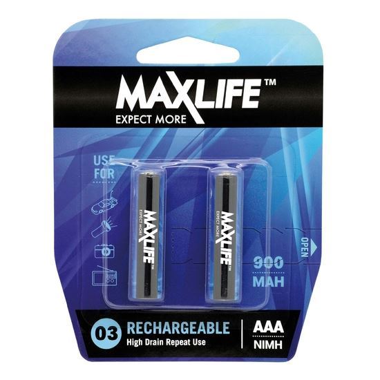 . MAXLIFE AAA Rechargeable Battery NIMH 900mAh. 2Pk.